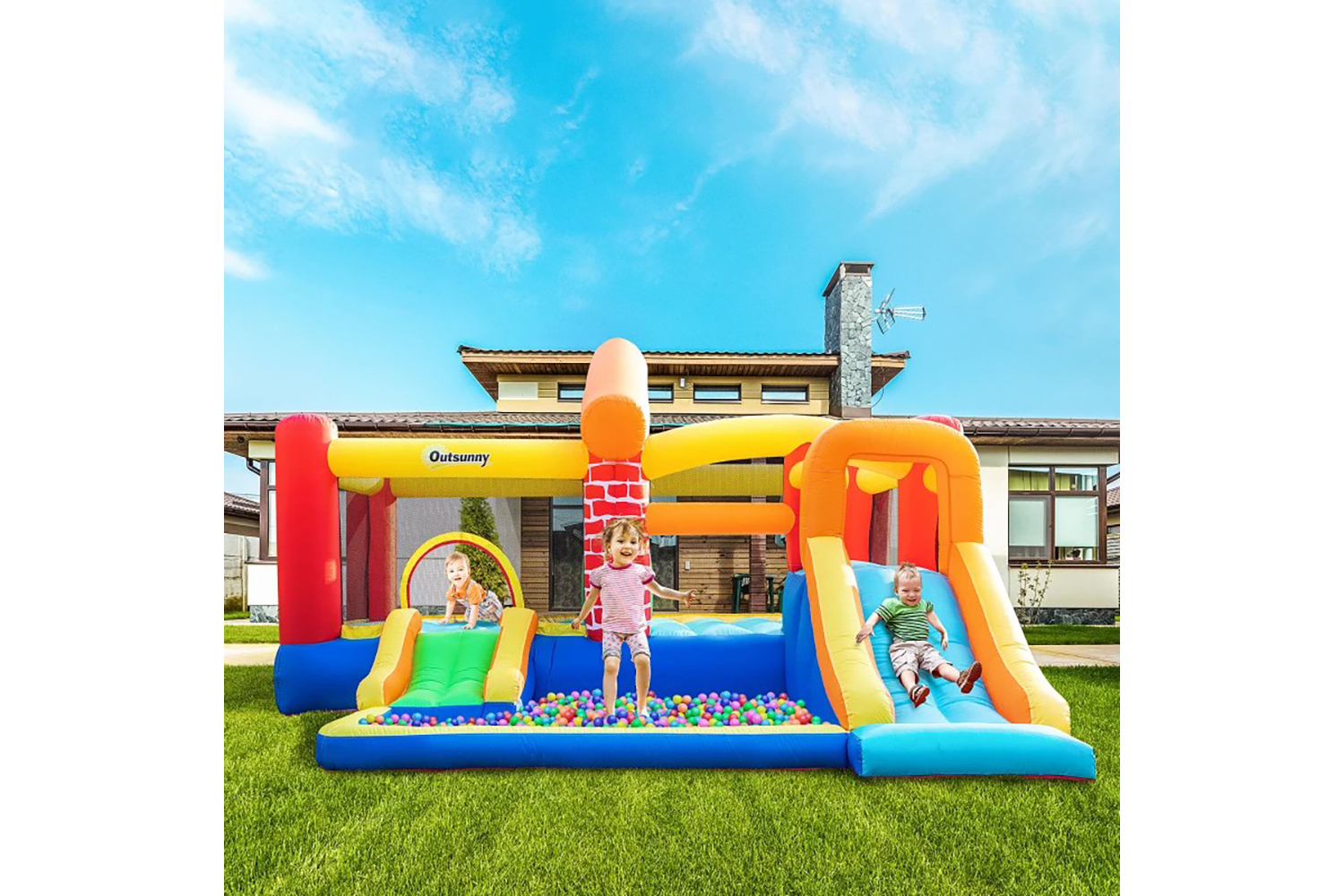 Outsunny 4 in 1 Kids Bouncy Castle with Double Slides | Multicolour ...
